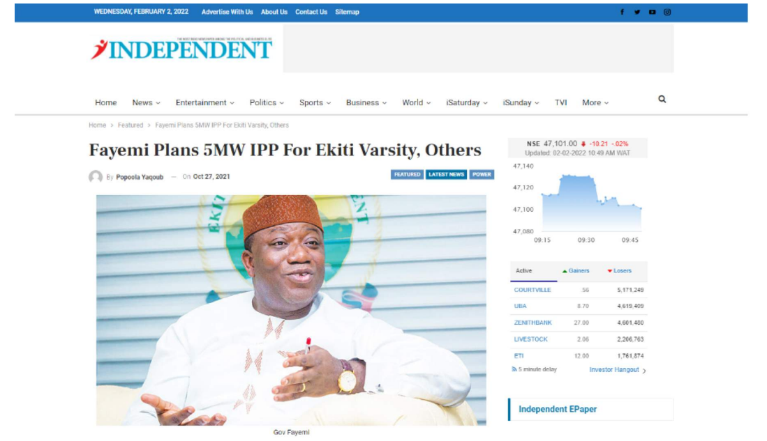 Fayemi Plans 5MW IPP For Ekiti Varsity, Other's - Fenchurch Group